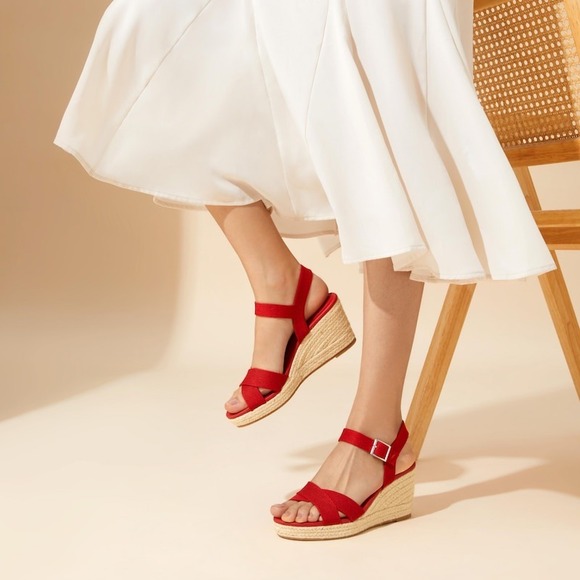 Vivaia | Shoes | Vivaia Red Wedge Sandals Espadrille Ankle Strap Criss ...